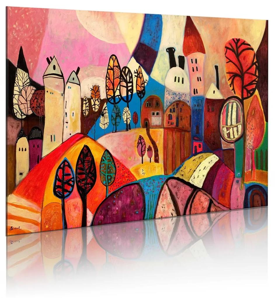 Ručně malovaný obraz - Vesnice v podzimních barvech - 90x60