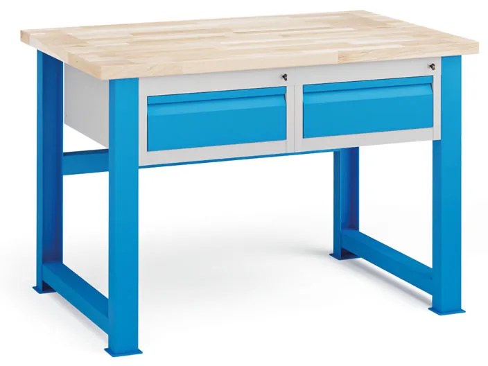 Dílenský stůl KOVONA, 2x1 zásuvka na nářadí, buková spárovka, pevné nohy, 1200 mm
