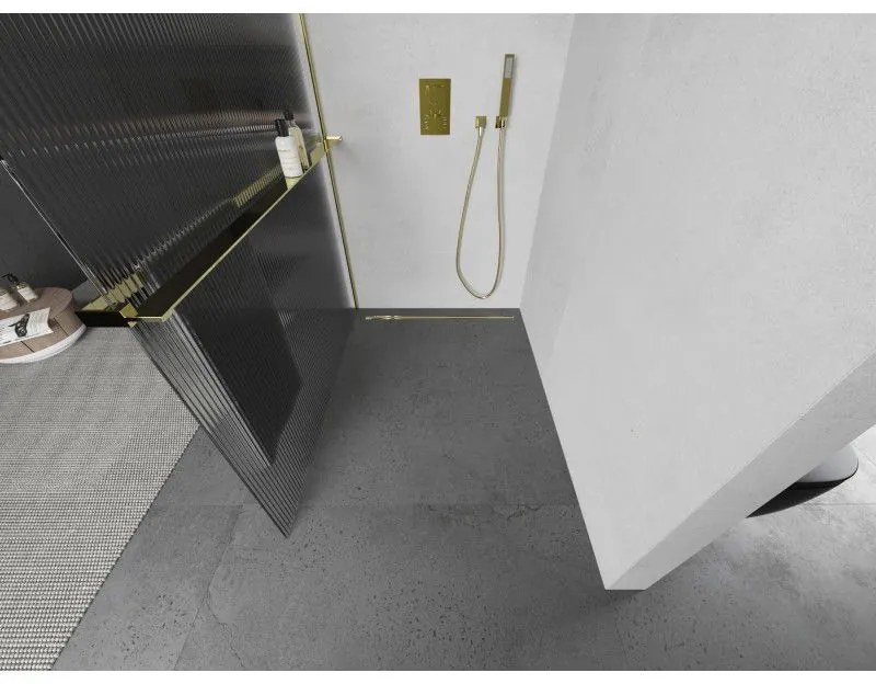 Mexen Kioto+ L, sprchová zástěna Walk-In s poličkou a věšákem 110 x 200 cm, 8mm sklo s žebrovým vzorem, zlatý lesklý profil, 800-110-123-50-09