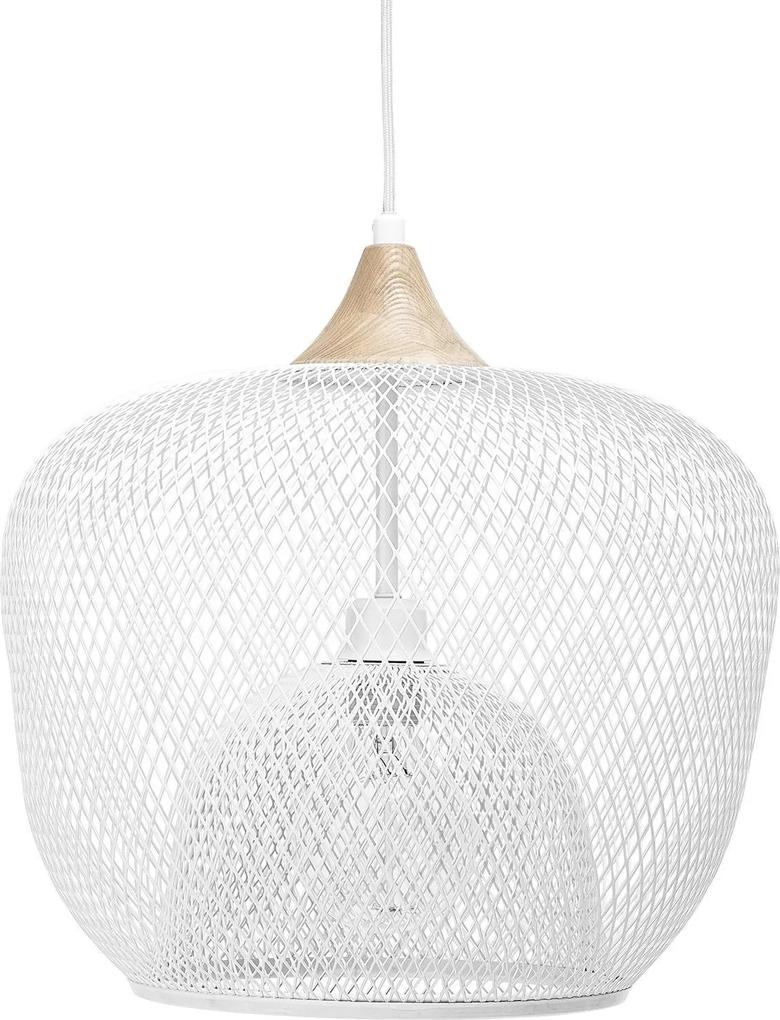 Bloomingville Kovový lustr White Pendant Lamp Ø 40 cm, bílá barva, přírodní  barva, dřevo, kov, plast, textil | BIANO