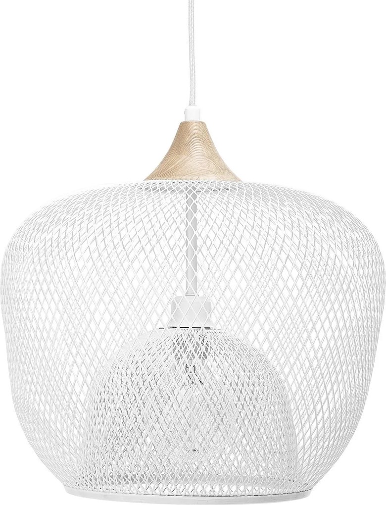 Bloomingville Kovový lustr White Pendant Lamp Ø 40 cm, bílá barva, přírodní barva, dřevo, kov, plast, textil