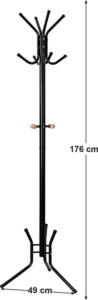 Stojan na kabáty se 12 háčky, stylový kovový věšák 176 cm, černý