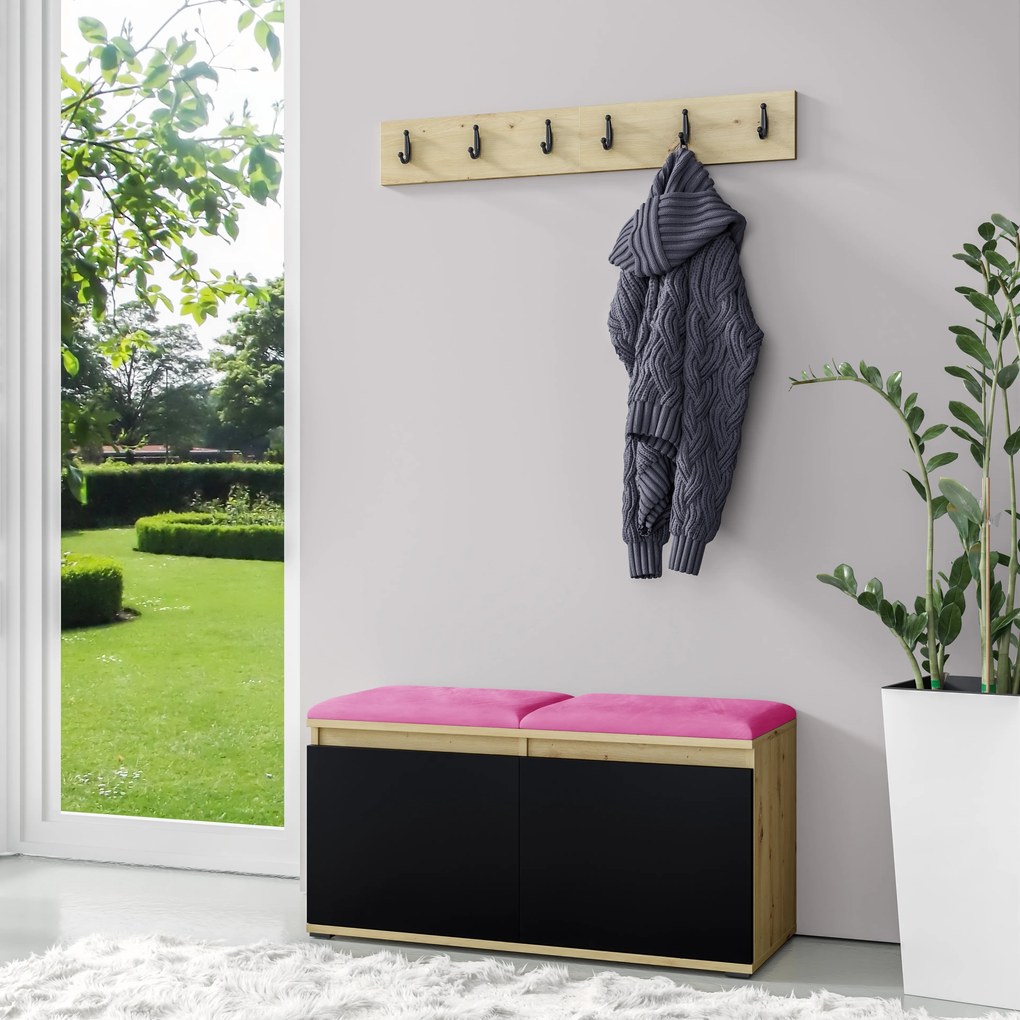 Eka Předsíňová stěna s čalouněnými panely Trinity 5 - Dub Artisan s černou / Růžová 2310