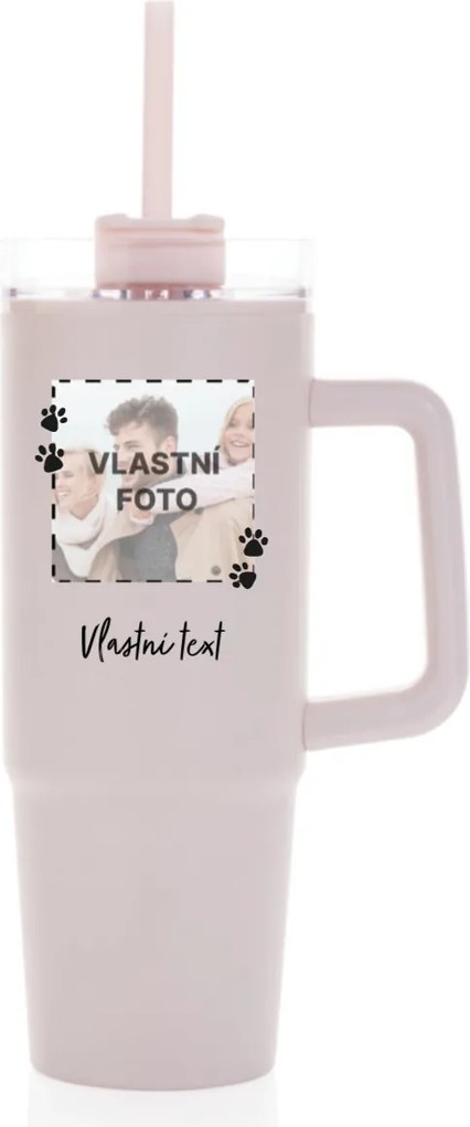 Personalizovaná cestovní termoska s průhledným víčkem s fotkou mazlíčka a textem