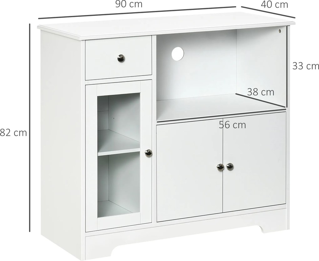 HOMCOM Mikrovlnná Skříň, Kuchyňský Bufet, Úložná Skříň pro Kuchyni, Jídelnu 90 x 40 x 82 cm S Skleněnými Dveřmi a Dřevem, Bílá