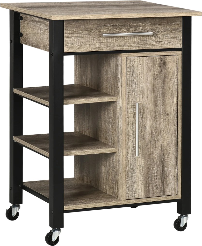 HOMCOM Kuchyňský vozík s šuplíkem a kolečky - 60 x 50 x 84,5 cm - Černý s dubovým efektem