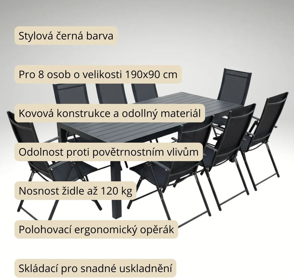 Vikio Zahradní set 190x90 pro 8 osob V138-190 černá