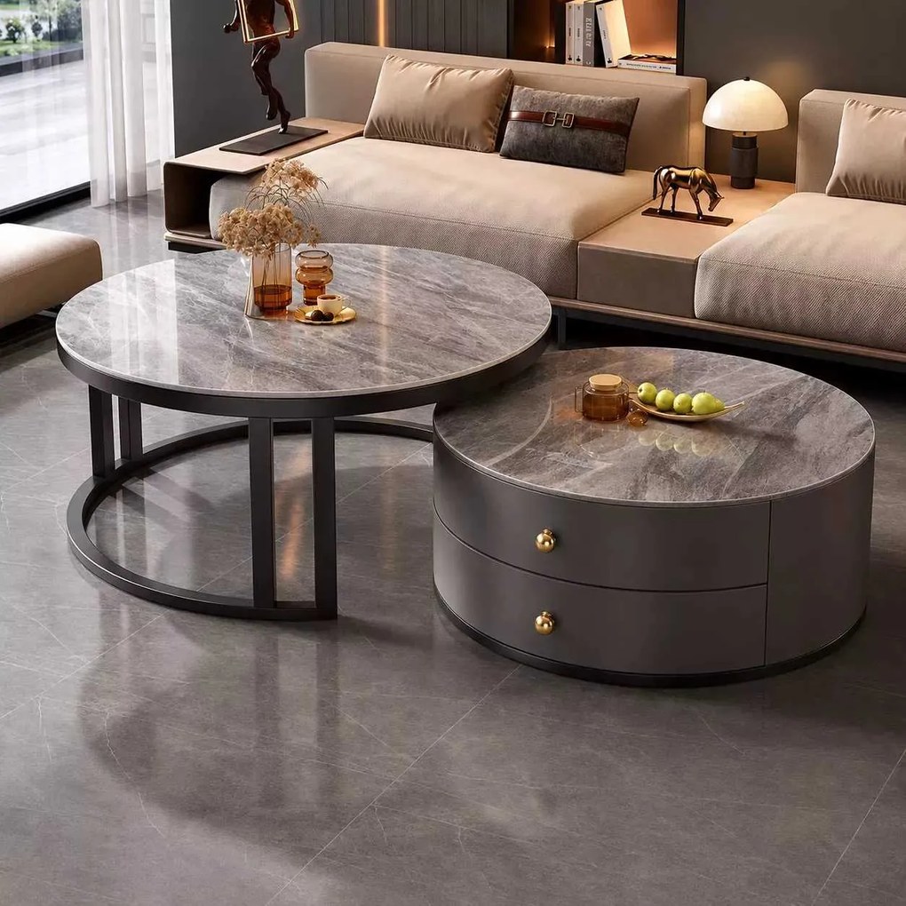 LuxuryForm DESIGN Konferenční stolek ORION 70 × 70 / 50 × 50 cm – šedý / šedý mramor (set 2 ks)