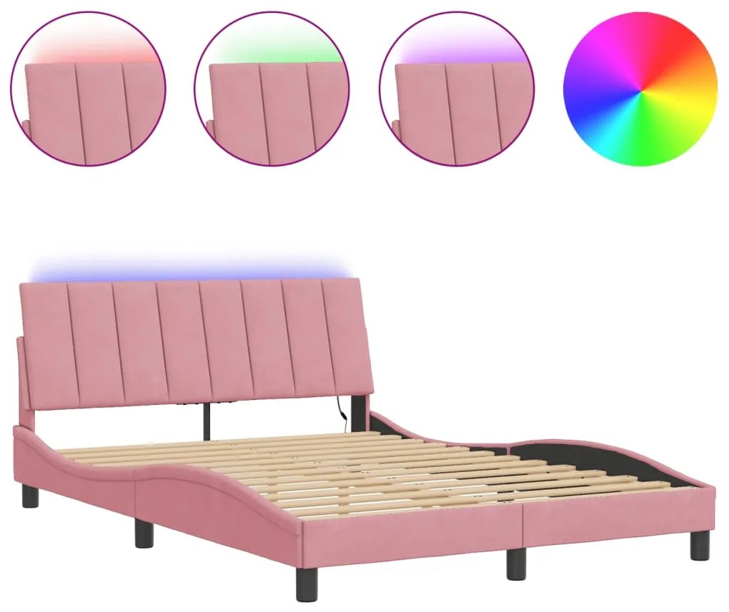 vidaXL Rám postele s LED osvětlením růžový 140 x 200 cm samet