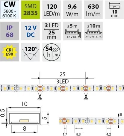 LED pásek McLED 12V studená bílá š=10mm IP68 9,6W/m 120LED/m SMD2835 ML-121.866.60.0