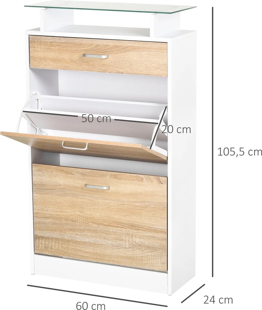 HOMCOM Botník se 3 šuplíky, skleněnou policí a hliníkovými úchyty pro předsíň, nosnost 50 kg, 60x24x105,5 cm