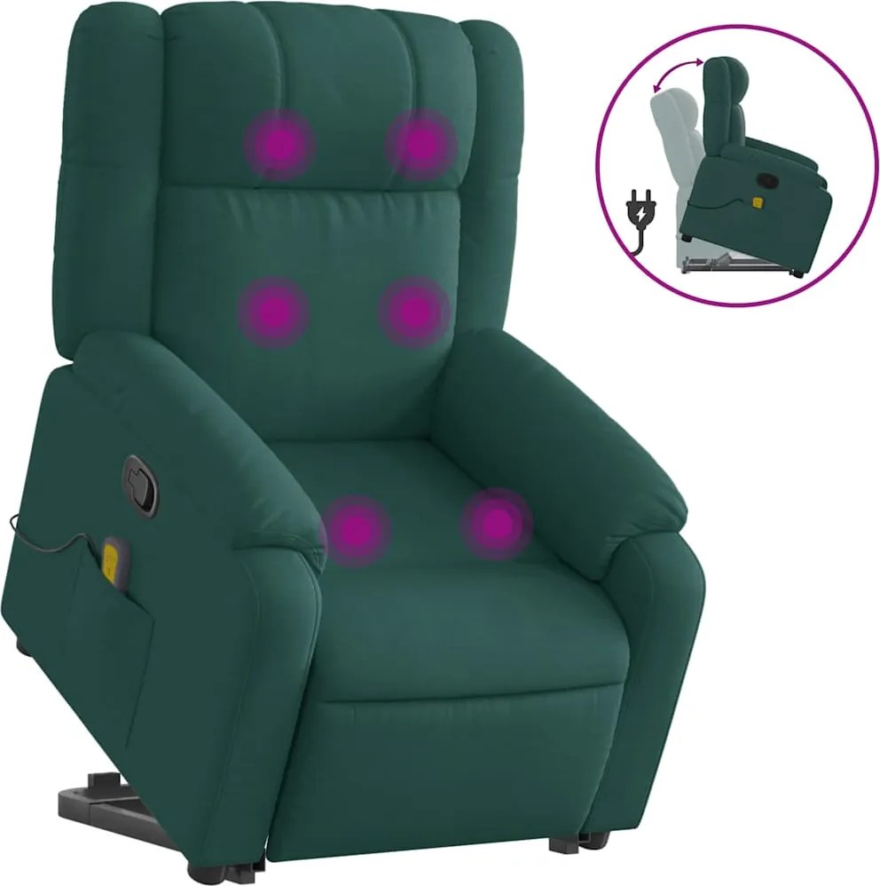 Zvedací masážní polohovací křeslo tmavě zelené textil 3205220
