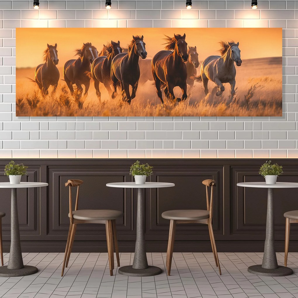 Obraz na plátně - Stádo divokých koní, zlatý západ slunce FeelHappy.cz Velikost obrazu: 120 x 40 cm