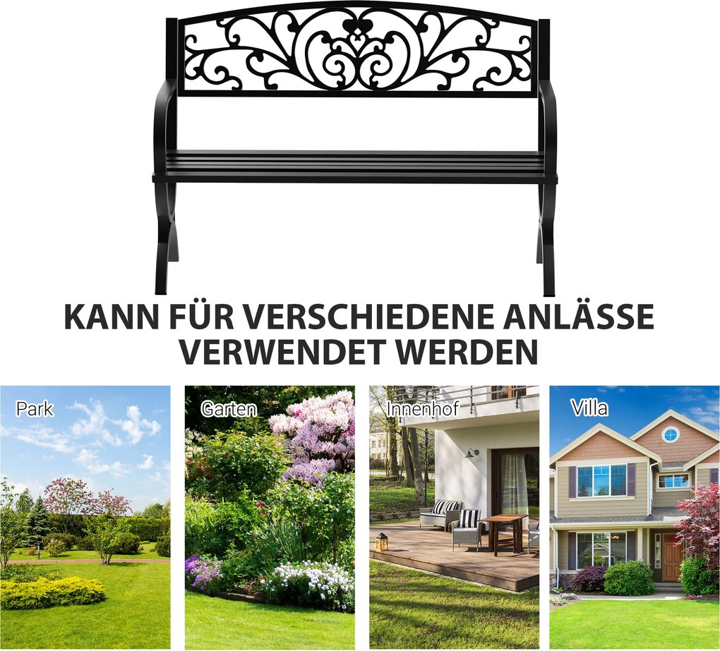 Outsunny dvoumístná zahradní lavička 240 kg nosnost, vhodná pro vnitřní i venkovní použití 127x60x85 cm černá