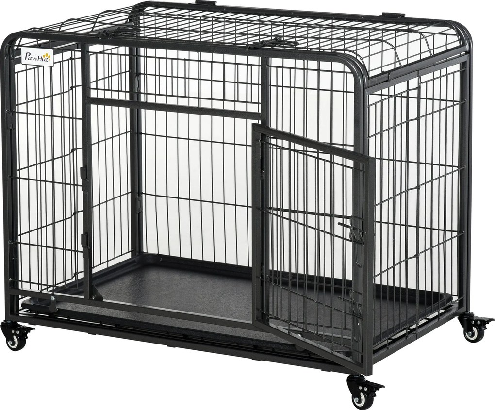 Skládací přepravní klec PawHut pro psy na kolečkách s 2 zamykatelnými dveřmi a odnímatelným podnosem 94L x 58W x 69.5H cm Metal Šedá Černá | Aosom