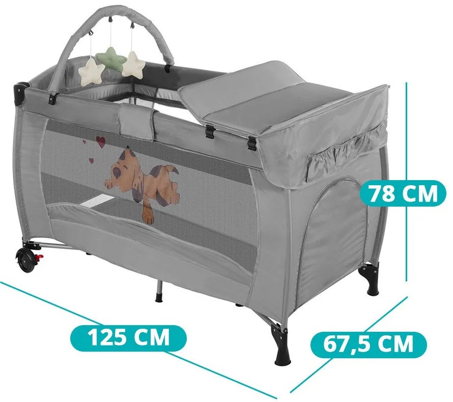 Cestovní postýlka s přebalovací podložkou a hračkovým obloukem, šedá