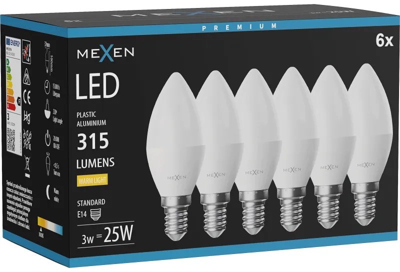 Mexen Nova 6x LED žárovka E14, C37, 3W, Teplá - 3000K, 315 lm - L102-E14-0330-01x06