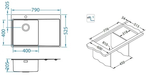 ALVEUS 1149516 - Kuchyňský dřez PURE 79x52,5 cm satin, pravý