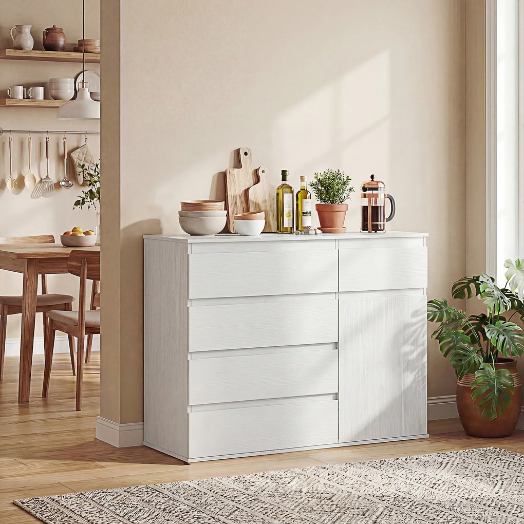 HOMCOM Komoda, úložná skříňka s 5 zásuvkami, nastavitelným prostorem a dvířky s tichým dovíráním, 100 x 40 x 80 cm, bílá