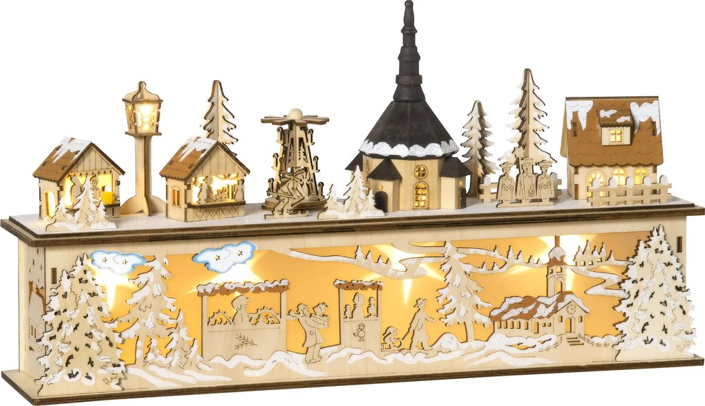 HOMCOM Vánoční dekorace, vánoční vesnička, 10 LED, teplé bílé světlo, 45 x 10 x 25 cm, dekorace ze dřeva