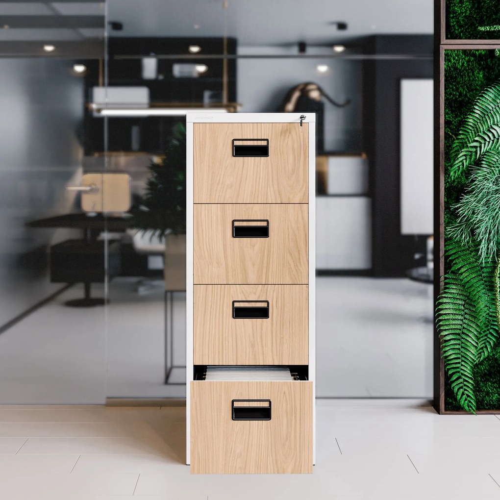 Kovová kartotéková skříň se 4 zásuvkami, bílá/dub sonoma, 460x1320x620 mm: SARA Eco Design