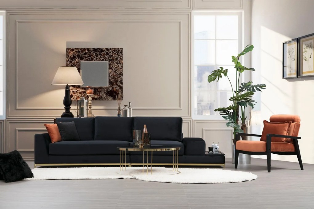 Atelier del Sofa 4-místná pohovka Line With Side Table - Black, Černá, Zlatá