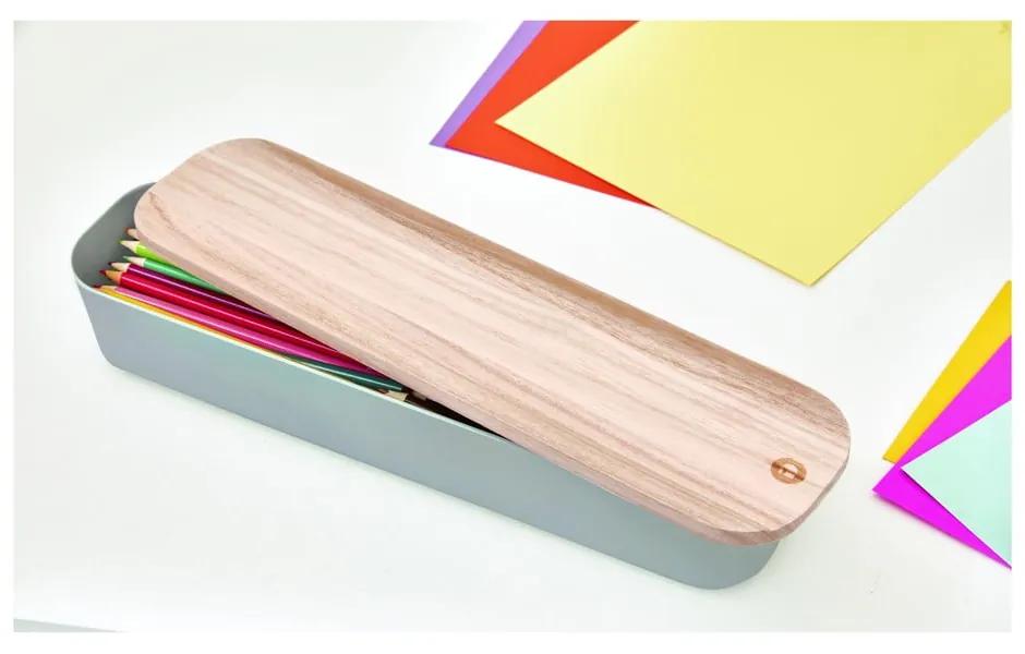 Šedý úložný box s víkem ze dřeva paulownia iDesign Eco, 9 x 36,5 cm