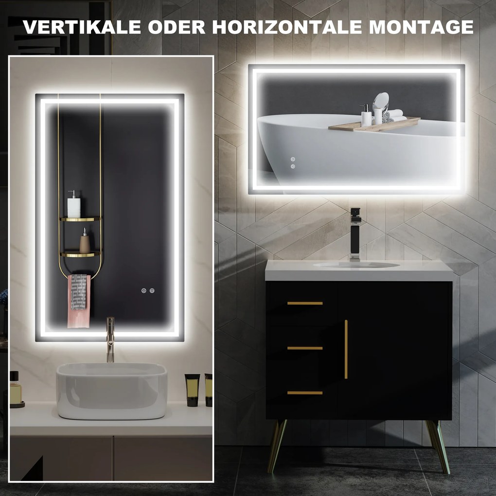 HOMCOM LED koupelnové zrcadlo, nastavitelná jasnost, funkce proti zamlžení, vodotěsné