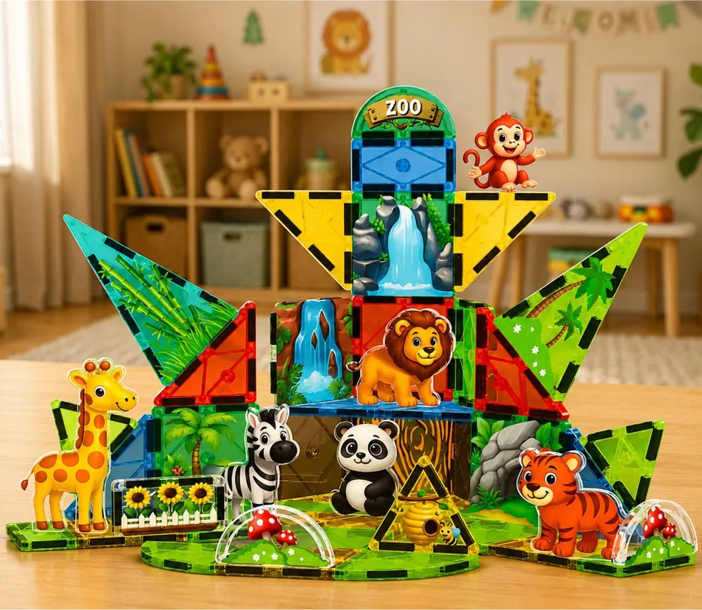 LEAN Toys Magnetické stavební kostky – Divoká zvířata, džungle, ZOO, 52 ks