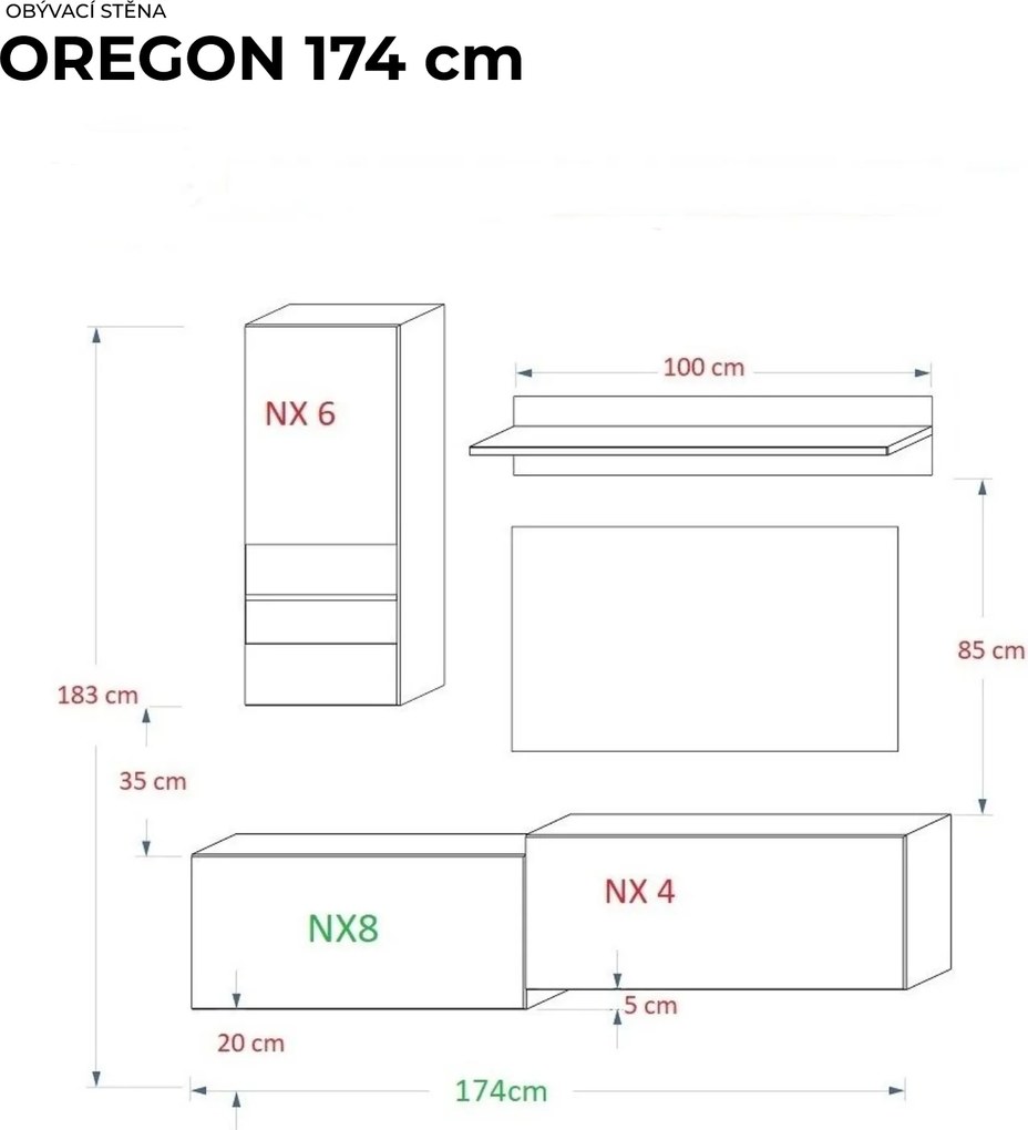 Ral Obývací stěna OREGON 6, 174 cm - Bílo/černý lesk