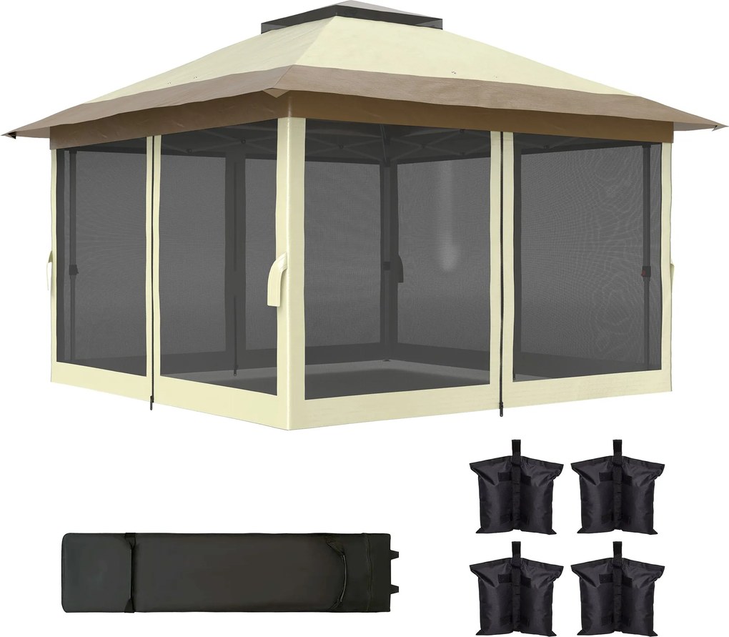 Outsunny Skládací Zahradní Altán 3,6x3,6m Systém Pop-Up s 4 Síťovanými Stranami, UV-ochranný, Nastavitelná Výška, Písečné Váhy a Taška pro Přenášení n