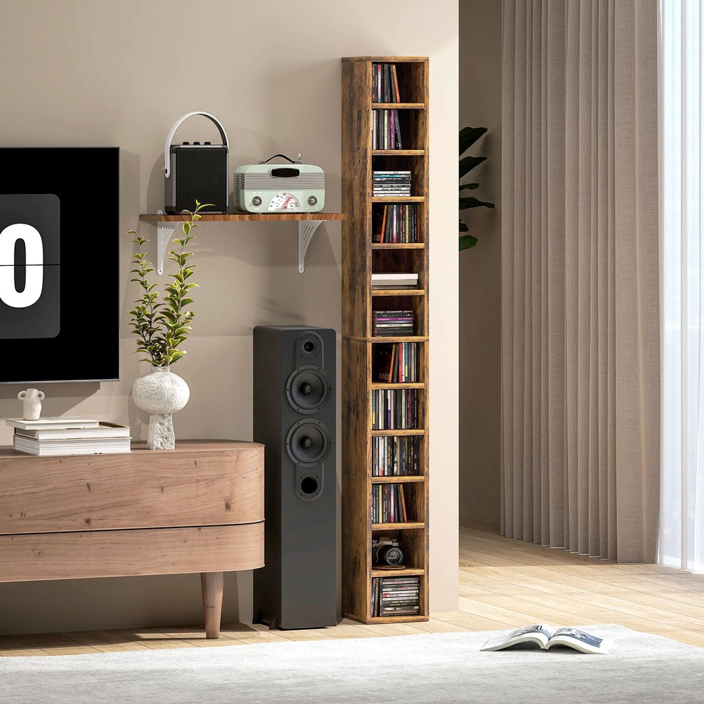 HOMCOM stojan na CD/DVD, vysoký regál se 12 přihrádkami, pojme až 204 disků, rustikální hnědá — 175 × 21 × 20 cm