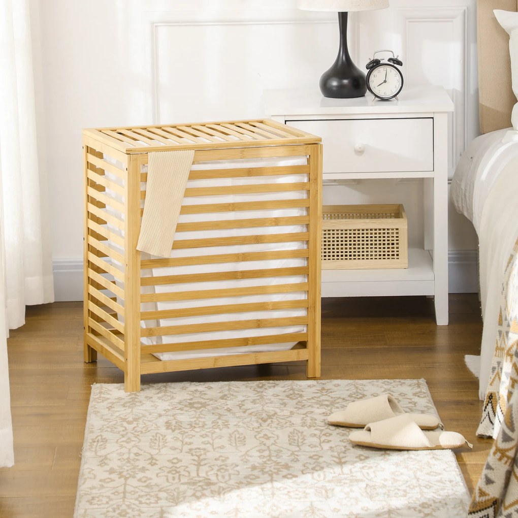 HOMCOM Koš na prádlo 55L Bambusová truhla na prádlo s víkem a vyjímatelným pytlem na prádlo do ložnice a koupelny 50x36x60cm Příroda