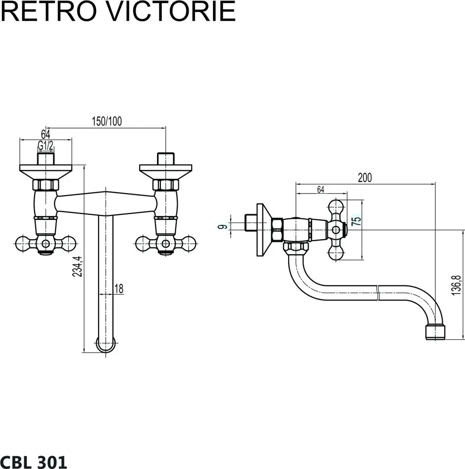 Mereo Mereo, Dřezová nástěnná baterie, Retro Viktorie, s ramínkem trubkovým pr. 18 mm - 200 mm, CBL301