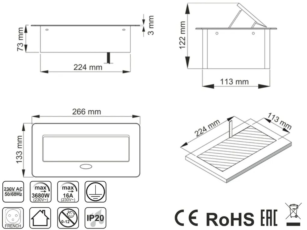 IN-LIGHT Výklopná zásuvka BOX 3x 230V s 3m kabelem - bílá