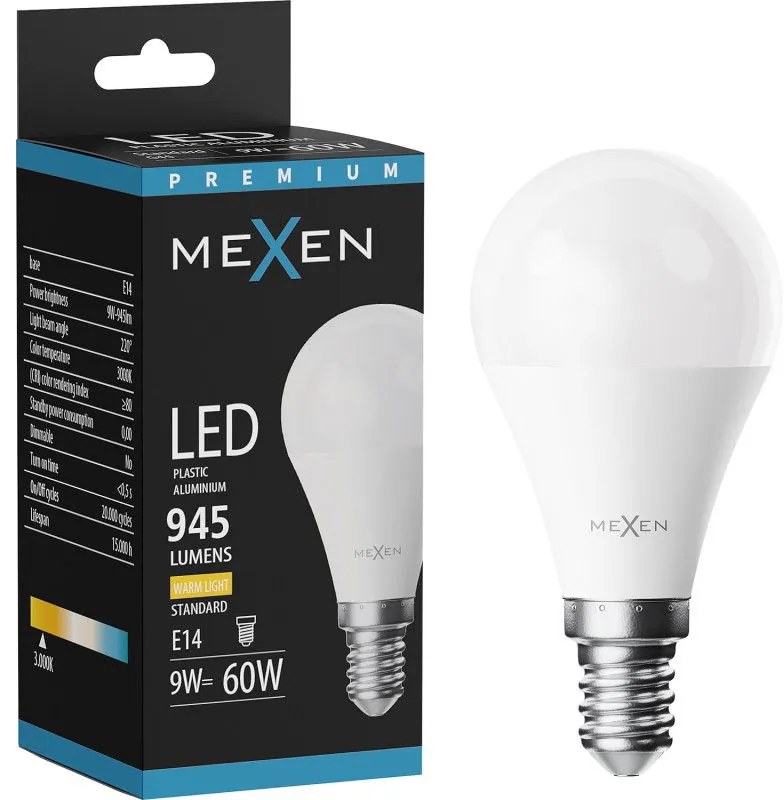Mexen Nova, LED žárovka E14, G45, 9W, teplá - 3000K, 945 lm - L101-E14-0930-01