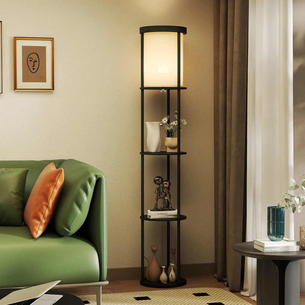 HOMCOM Stojací lampa s 3 policemi, kulatý design, dálkové ovládání, nožní spínač, nastavitelná teplota světla, pro obývací pokoj, černá