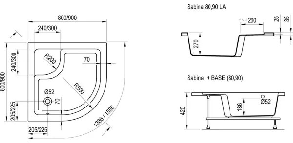 Ravak A217001020 - Sprchová vanička čtvrtkruhová SABINA 90x90 cm bílá