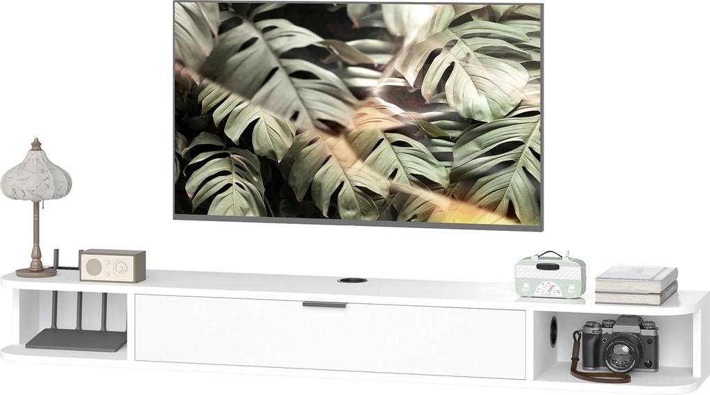 HOMCOM Závěsný TV nábytek, televizní nábytek pro televize až do 152,4 cm, výklopná zásuvka, 2 police, 140x24x16 cm, bílá