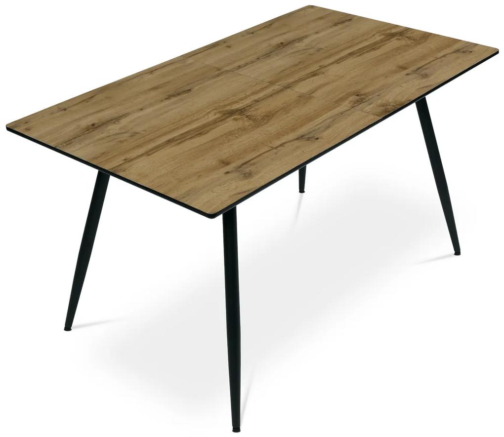 Jídelní stůl, 140+40x80x76 cm, MDF deska, 3D dekor divoký dub, kov, černý lak