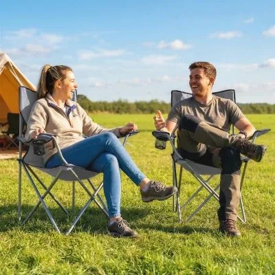 Outsunny sada 2 kempingových židlí s vysokým opěradlem, kov a oxfordská tkanina, šedá