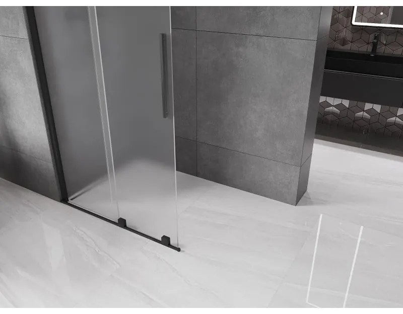 Mexen Velar, sprchová zástěna s posuvnými dveřmi Walk-in 100 x 200 cm, 8mm sklo námraza, černá matná, 871-100-000-33-70