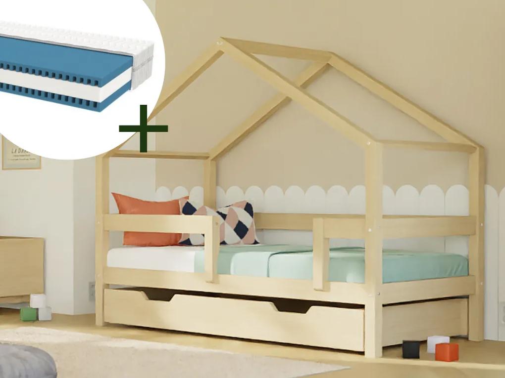 Benlemi Domečková postel LUCKY 90x200 cm se šuplíkem BUDDY + matrace METROPOLIS Zvolte zábranu: S otevřeným vstupem