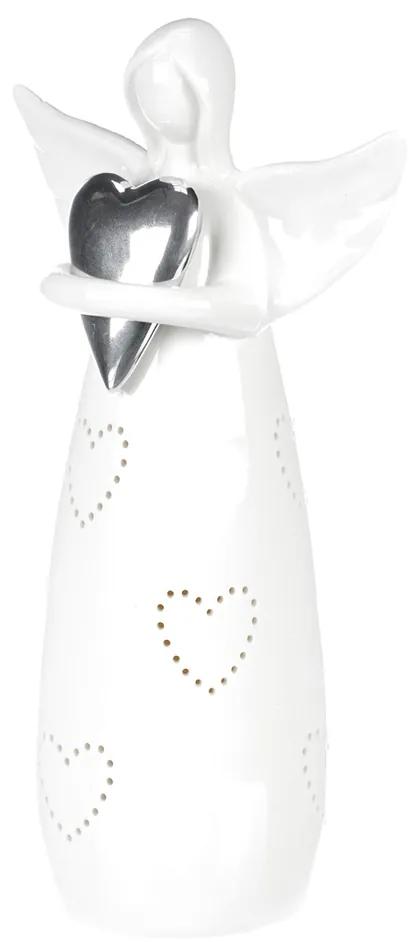 Autronic Anděl porcelánový, se stříbrným srdcem, s LED světlem. ARK3606 SIL
