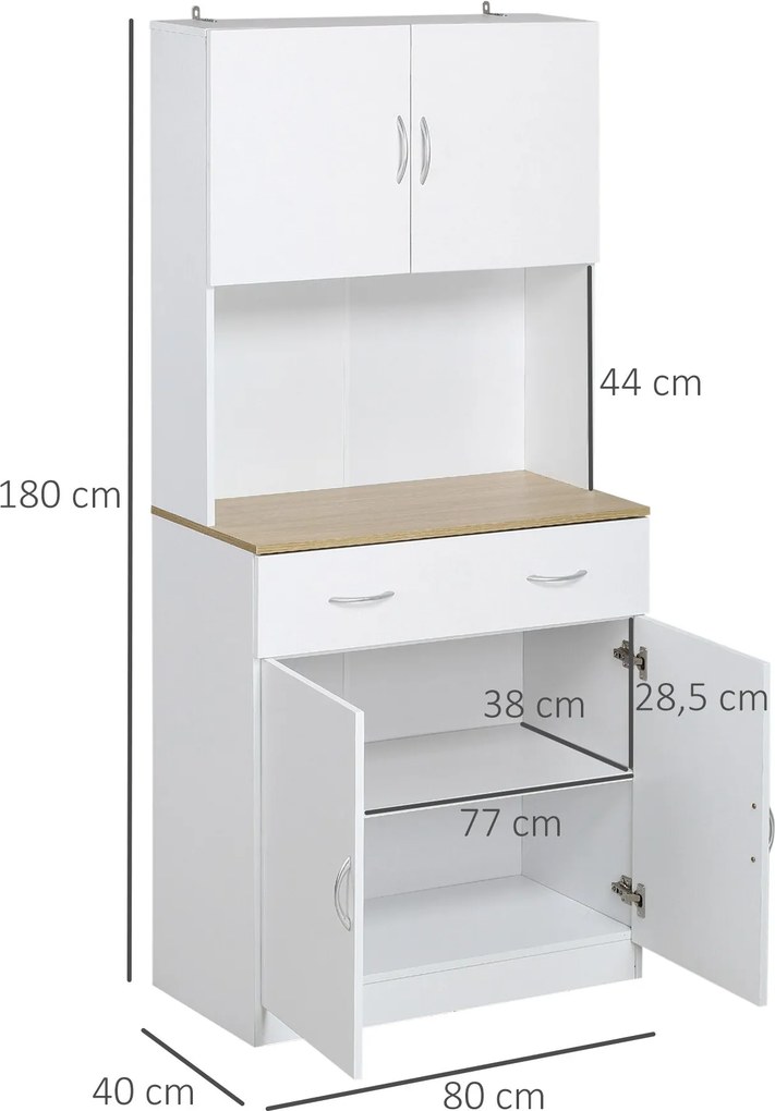 HOMCOM Kuchyňský Skříňový Kabinet s Dveřmi, Zásuvkou a Nastavitelnými Poličkami, Proti Převrhnutí, 80x40x180 cm, Bílý