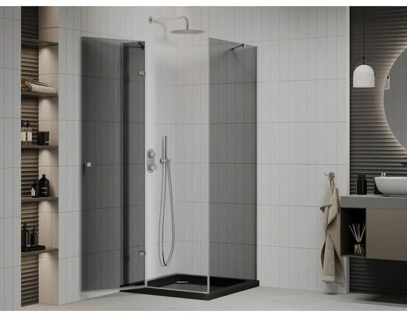 Mexen Roma, sprchový kout s křídlovými dveřmi 80 (dveře) x 80 (stěna) cm, 6mm šedé sklo, chromový profil + slim sprchová vanička černá + chromový sifon, 854-080-080-01-40-4070
