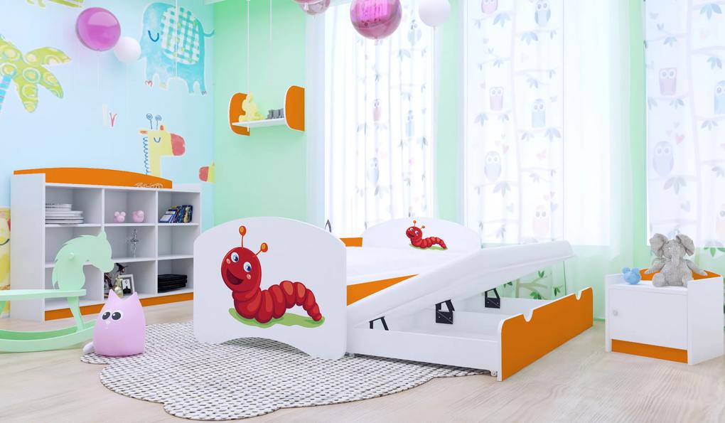 Svět pokojů Dětská postel Kevin pro dvě děti - veselá housenka + matrace zdarma Barva: Oranžová, Rozměr: 160x80 cm, Zábrana: NE