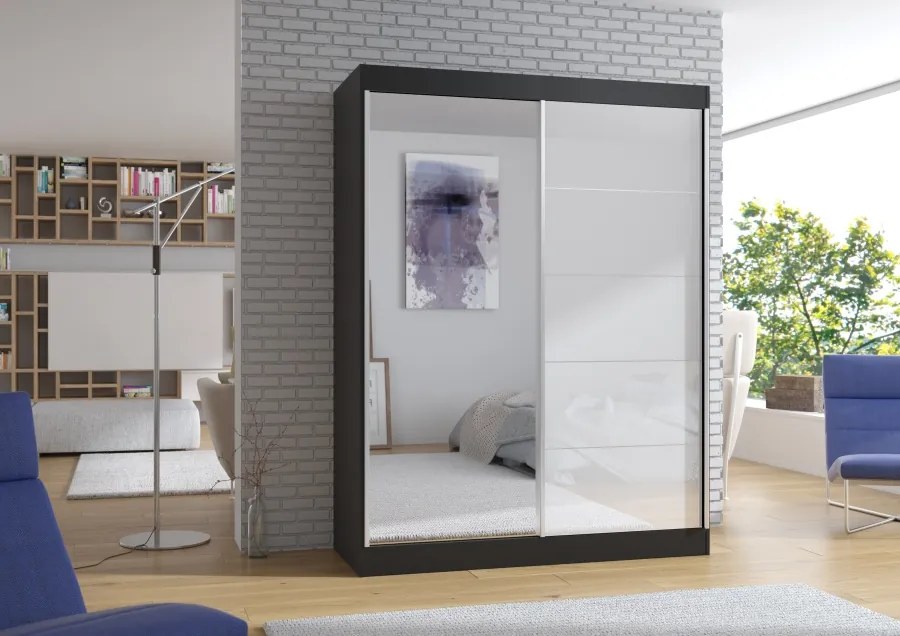 Černo-bílá skříň s velkým zrcadlem 150 cm Sintra