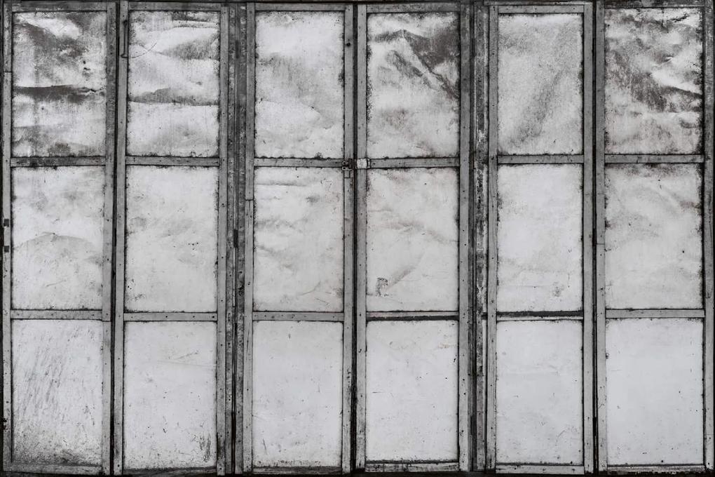 DIMEX | Samolepicí vliesová fototapeta na zeď Kovové dveře kůlny MA-5-0828 | 375 x 250 cm | bílá, černá, šedá