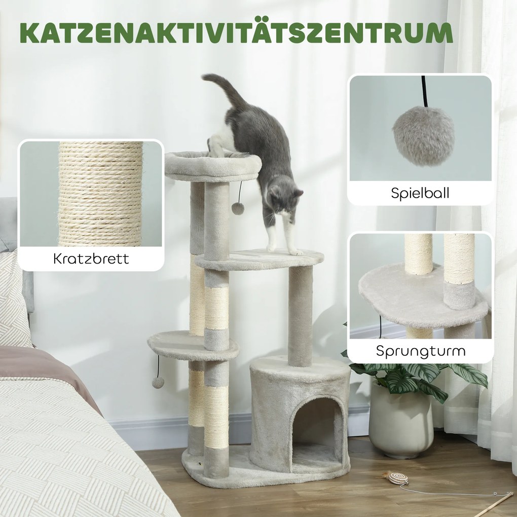 Škrabadlo pro kočky 114 cm s jeskyní, sisalové sloupky, plošina, víceúrovňové pro středně velké kočky do 6 kg, světle šedá barva